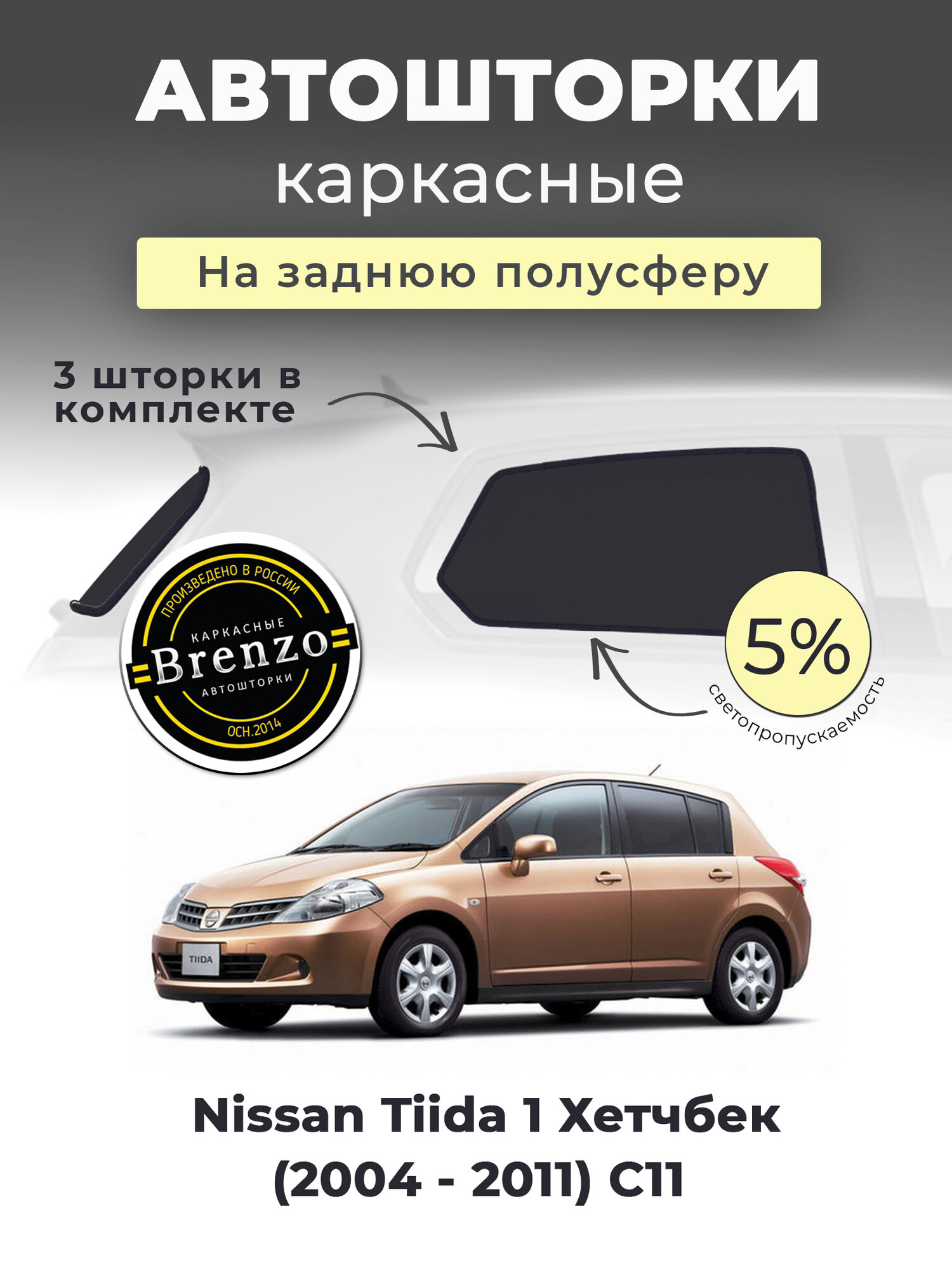 Каркасные шторки Nissan Tiida 1 Хетчбек (2004 - 2011) C11 на заднюю полусферу 5%, сетки от солнца в машину