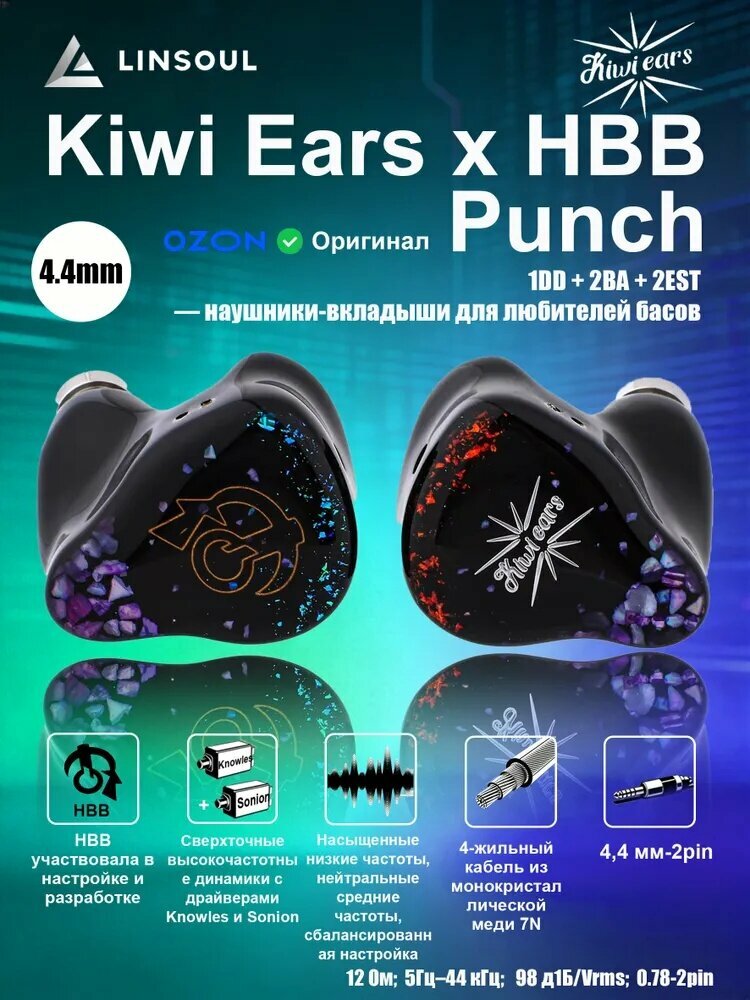 Kiwi Ears Наушники проводные Kiwi Ears x HBB Punch, 4.4 мм, темно-серый