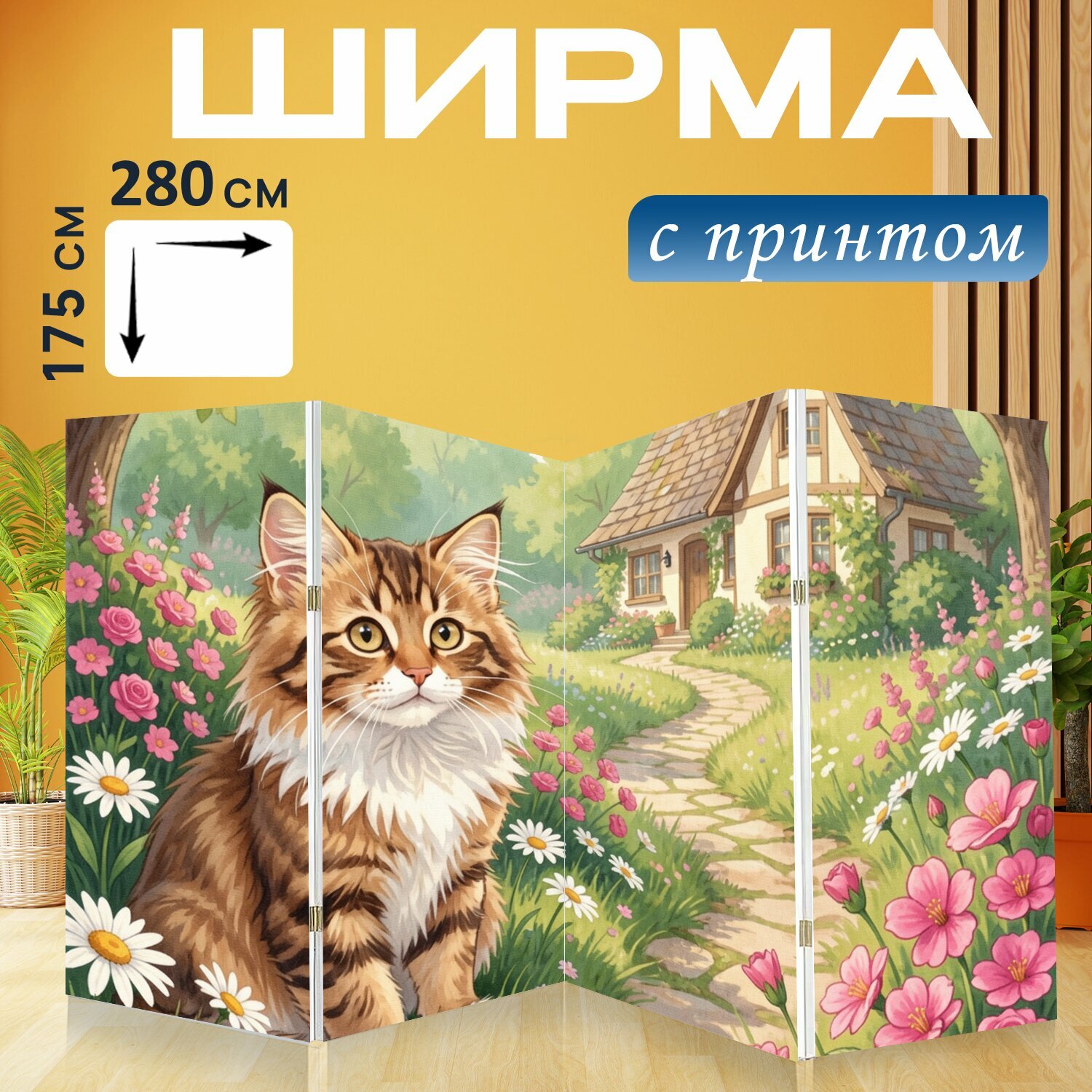 Ширма "Котенок у цветущего домика. Реалистичная иллюстрация пушистого рыжего питомца в саду у уютного." перегородка для зонирования комнаты с принтом 280x175 см. на холсте