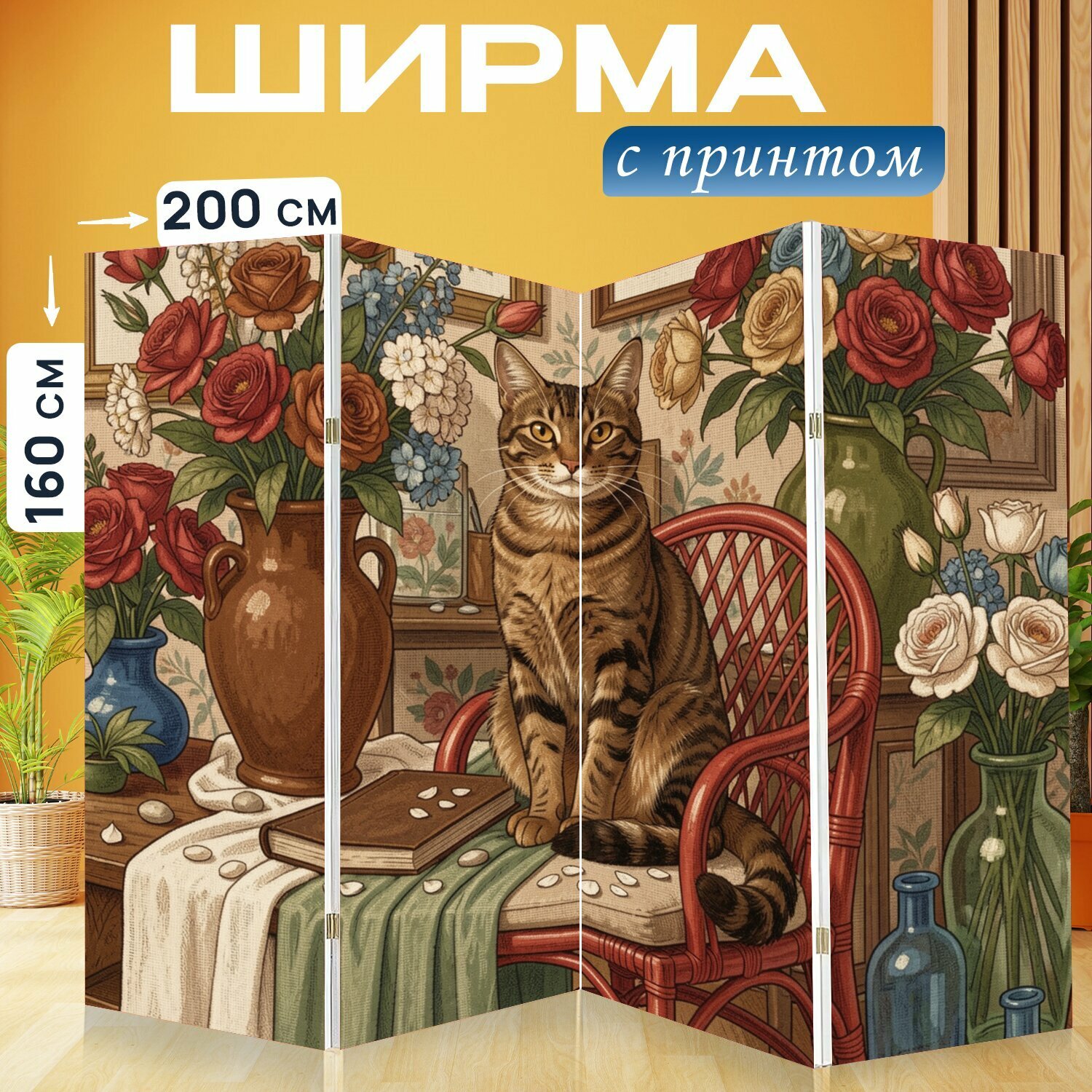 Ширма "Табби кот среди букетов. Уютная винтажная композиция: полосатый кот на плетёном стуле, вокруг пышные." перегородка для зонирования комнаты с принтом 200x160 см. на холсте