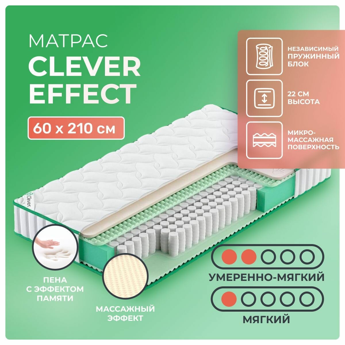 Матрас 60х210 Clever Effect, независимые пружины, двусторонний с разной жесткостью, полумягкий, пенополиуретан memory foam, детский 210х60