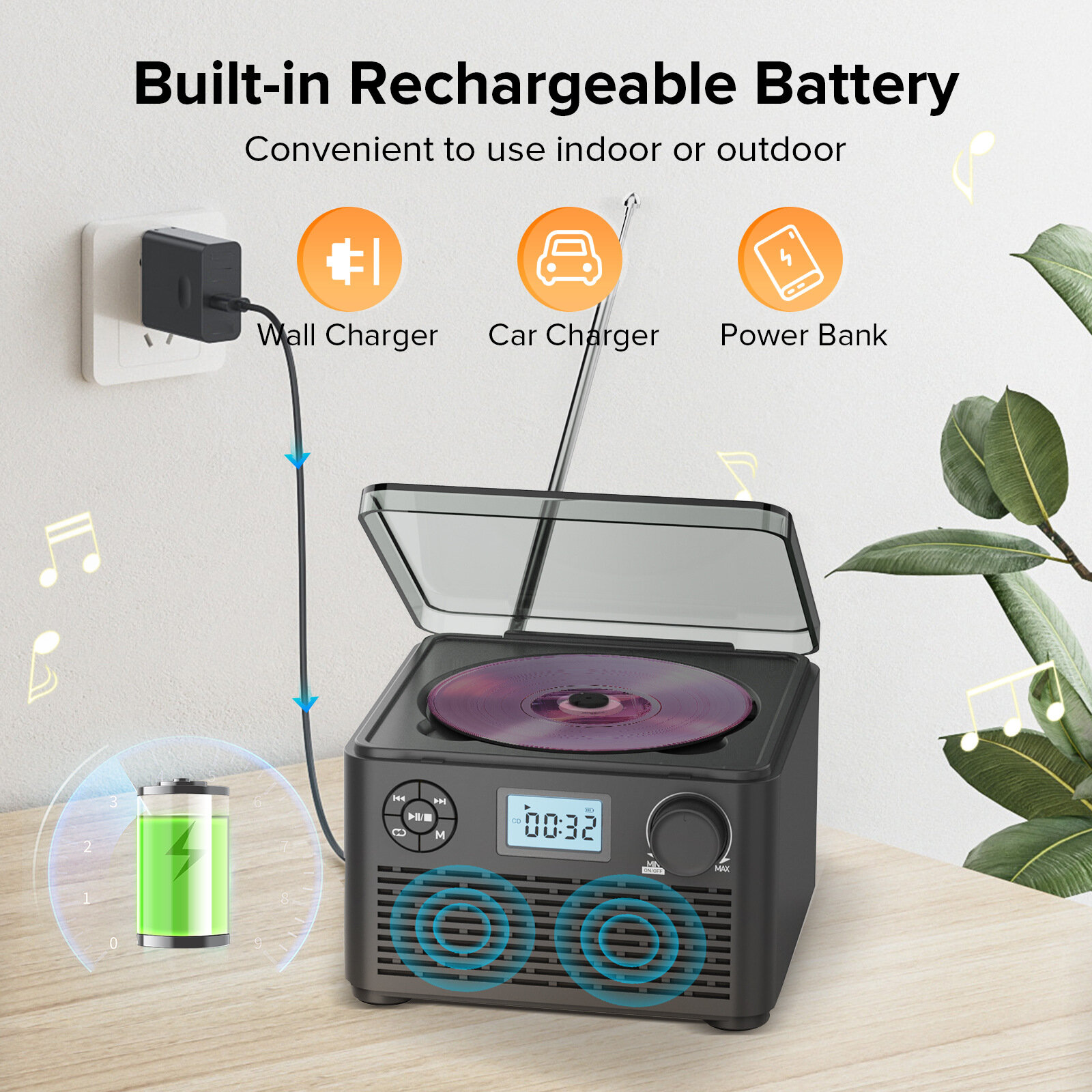 Портативный CD плеер с Bluetooth и FM радио, перезаряжаемый бумбокс, аудиосистема для дома и улицы