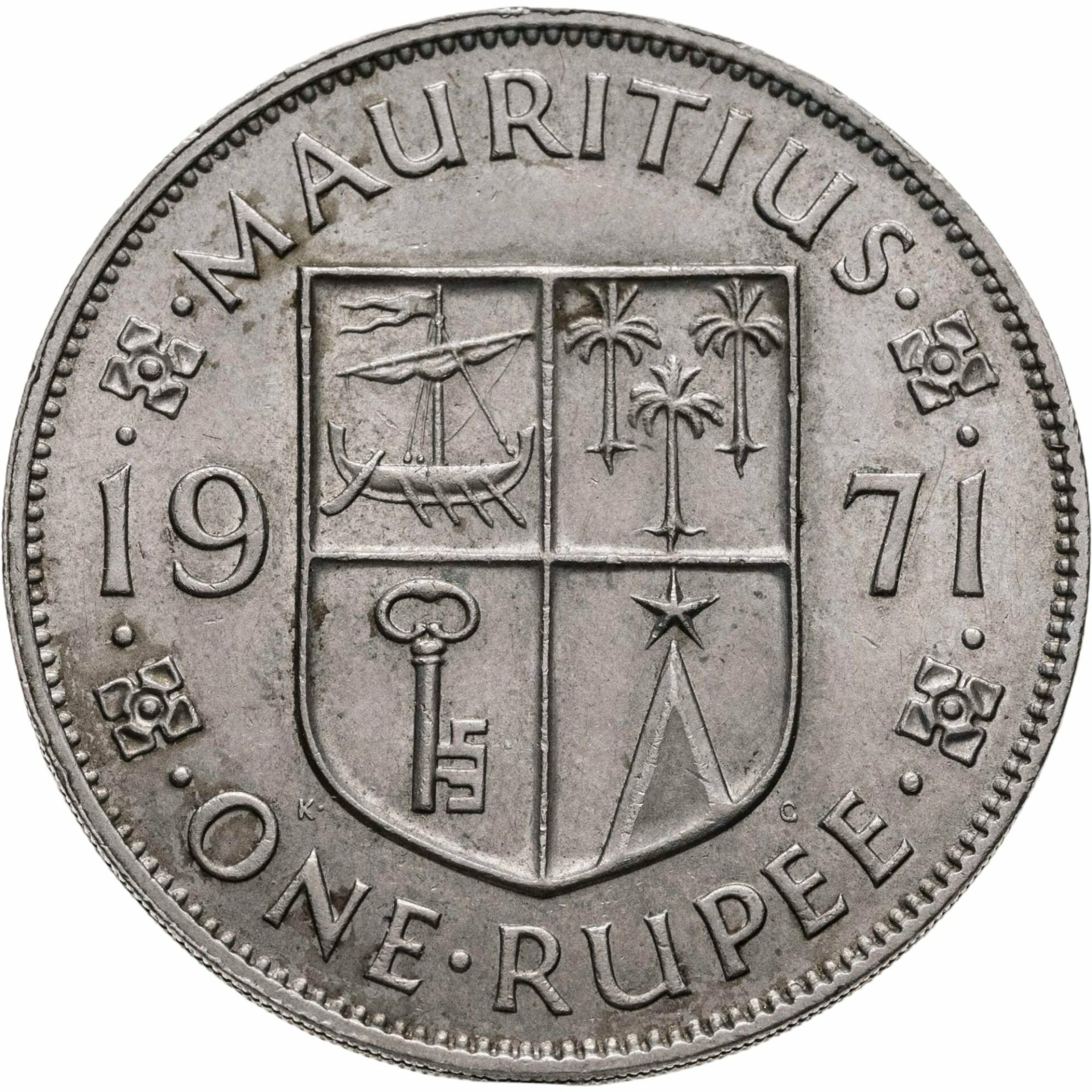 Маврикий 1 рупия rupee 1971 С жёлобом на гурте, Мельхиор медь-никель, в сохранности XF-AU