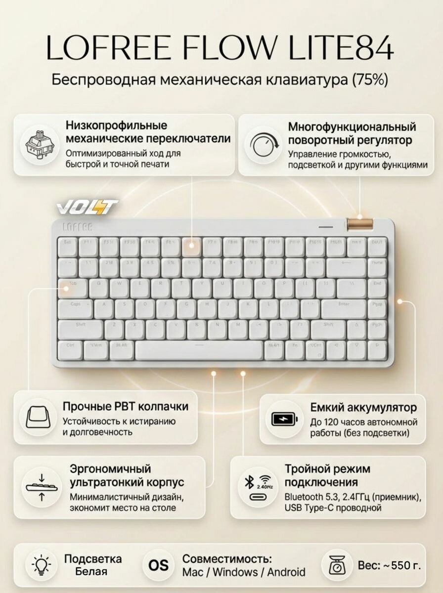 Клавиатура низкопрофильная беспроводная Lofree Flow Lite84 Off-White (русско-английская раскладка)