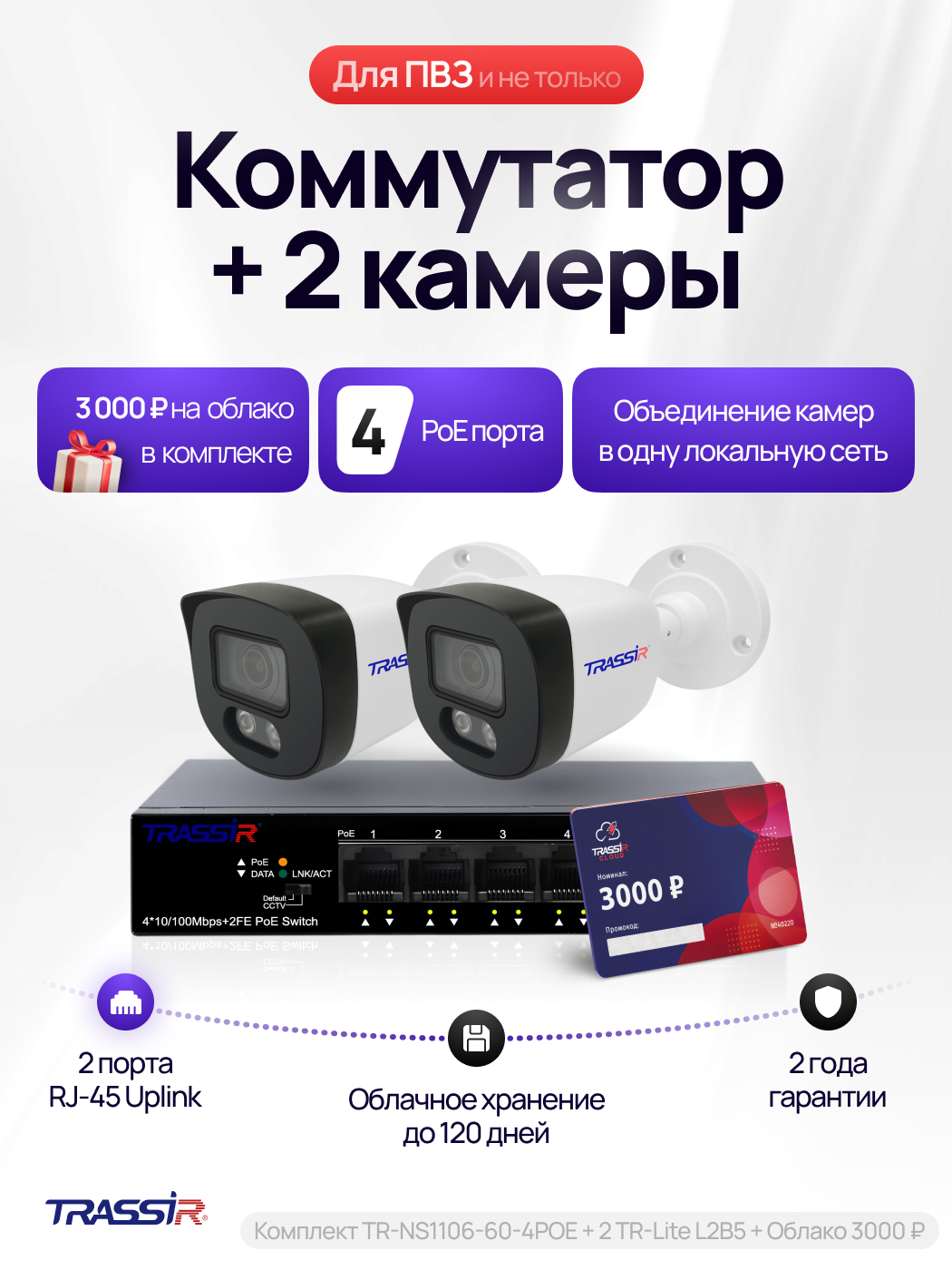 Комплект облачного видеонаблюдения 2 камеры TR-Lite L2B5 + коммутатор TR-NS1106-60-4POE + Облако 3000