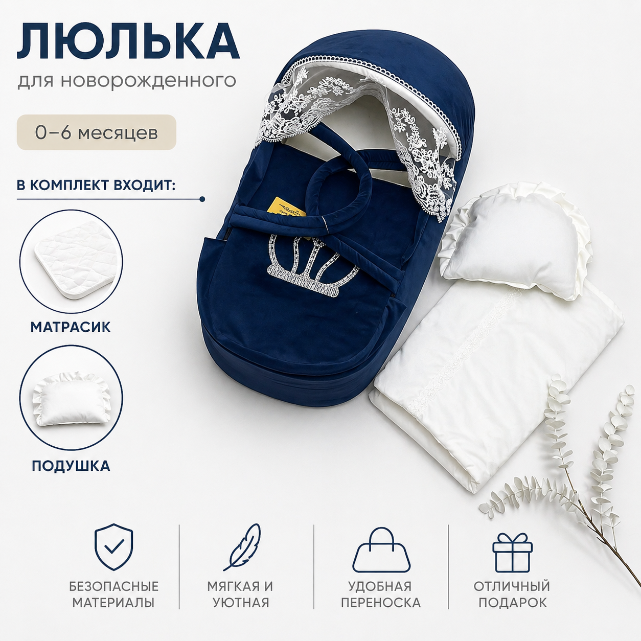Люлька для новорожденного кружевная на выписку на крестины синяя