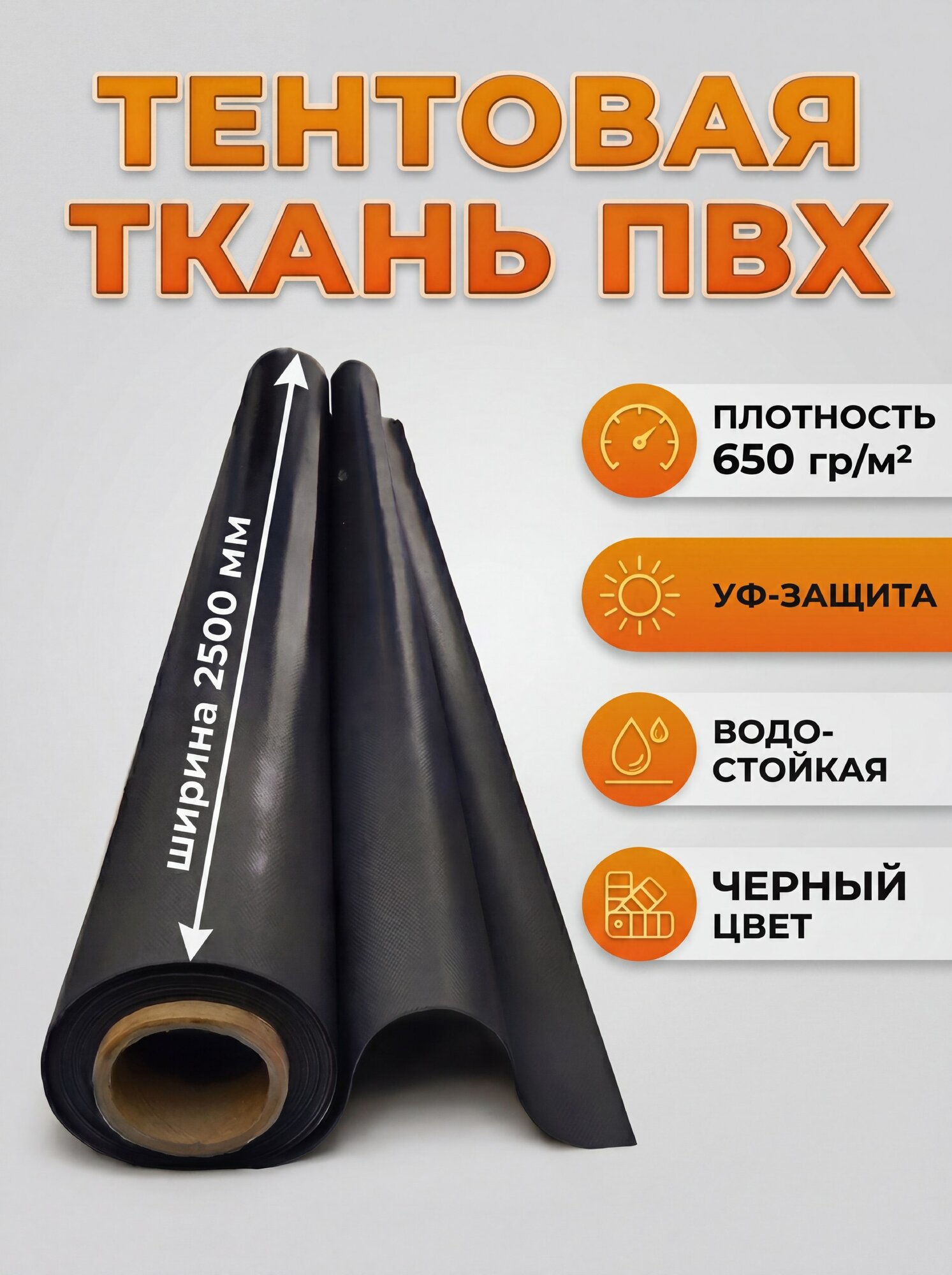Тент ПВХ 7 пог. метров, ширина 2,5м, черный, укрывной, армированный