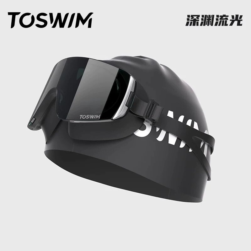 TOSWIM Набор плавательных очков Deep Ocean с шапкой в темном оттенке и белыми буквами — прозрачные линзы