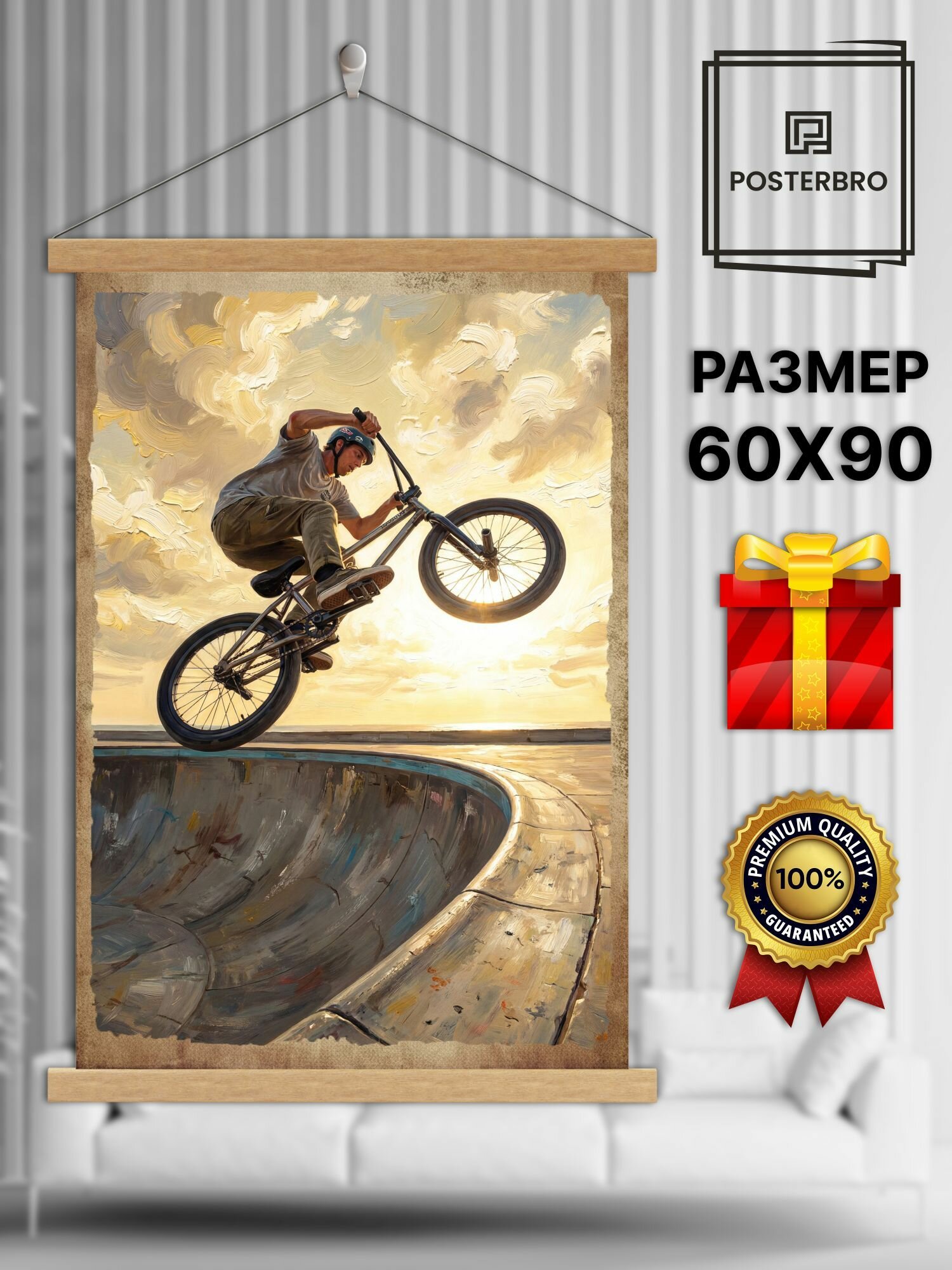 Постер на стену Posterbro в рамке 60х90 "Трюк на BMX" интерьерный