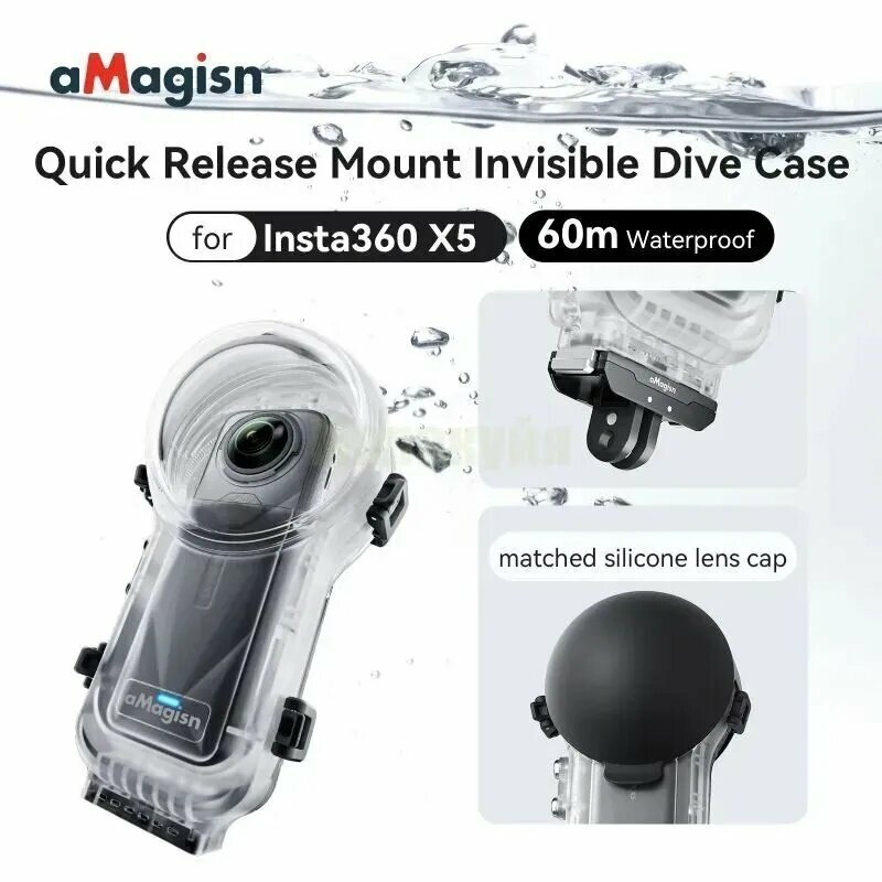 AMagisn 60 м/197 футов корпус для дайвинга для Insta360 X5, противотуманный подводный чехол, невидимый водонепроницаемый корпус
