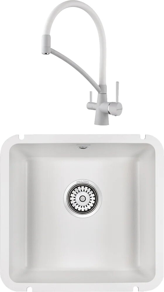 Комплект Мойка Paulmark Unter 50 PM204543-WH 45x43, белая, кварц / Смеситель Siegen Si213111-WH с гибким изливом, матовый белый, с гибким изливом, белый матовый