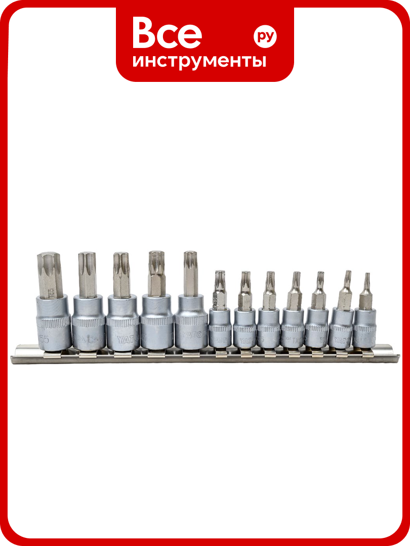 Набор головок-бит YATO TORX 1/4" Т8-Т30 3/8" Т40-Т55 12 предметов на металлической планке