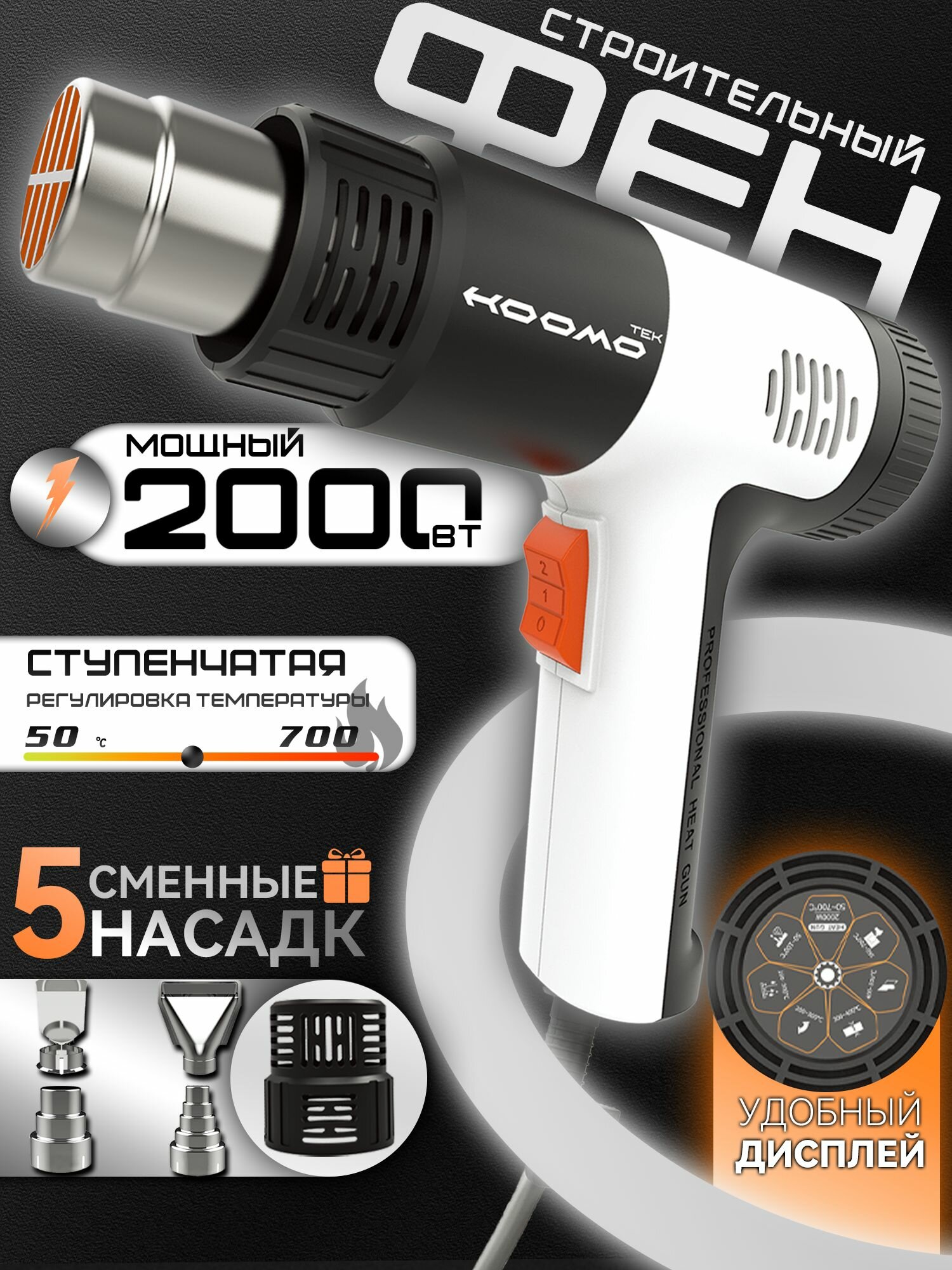 Строительный фен с регулировкой,2000 Вт,50-700градусов, насадка на фен мини 4 насадки, Бесступенчатый термостат, Промышленный фенпрофиссиональная серия