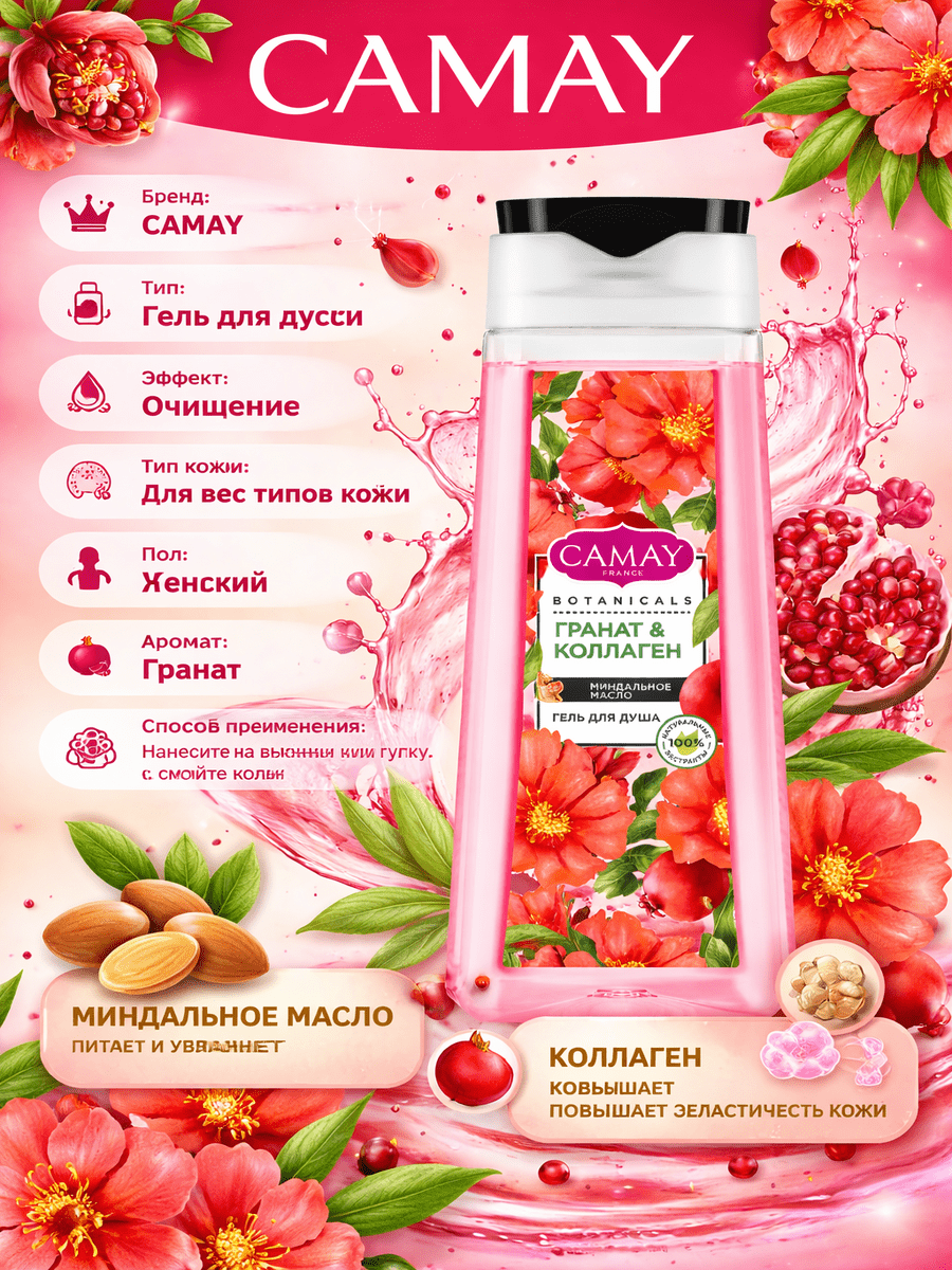 Гель для душа Camay Botanicals Цветы граната, 250мл