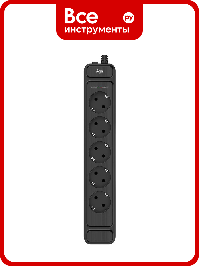 Сетевой фильтр AGNI плоский, 5 розеток, 3 метра, чёрный TP-FS5E-3m-black