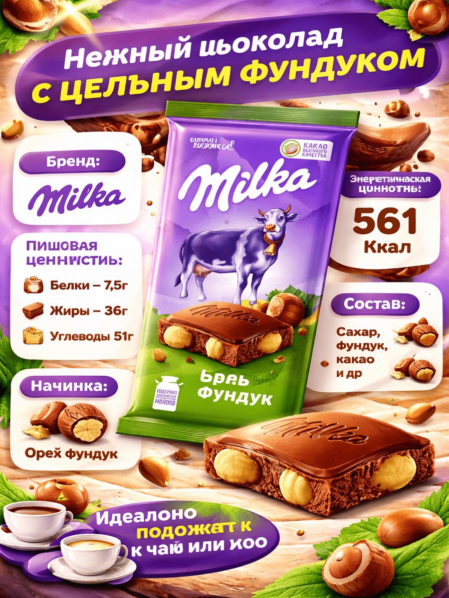 Шоколад Milka Цельный фундук молочный, 80г