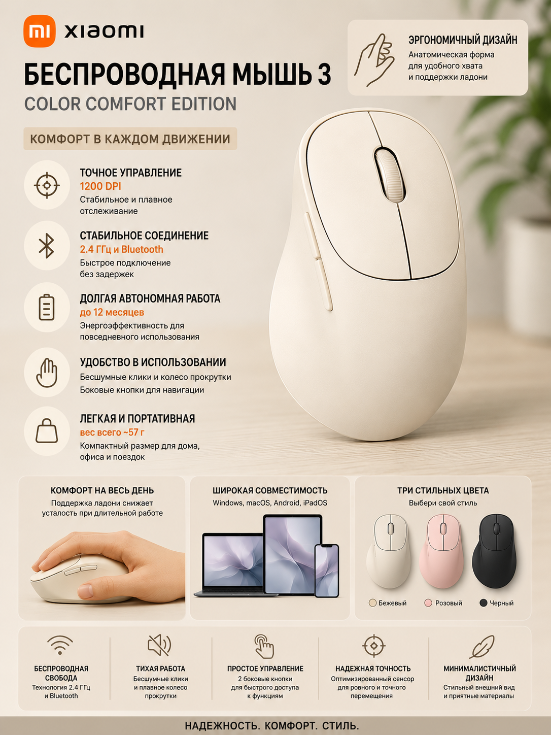 Xiaomi Мышь беспроводная Xiaomi Wireless Mouse 3 Color Comfort White CN, белый