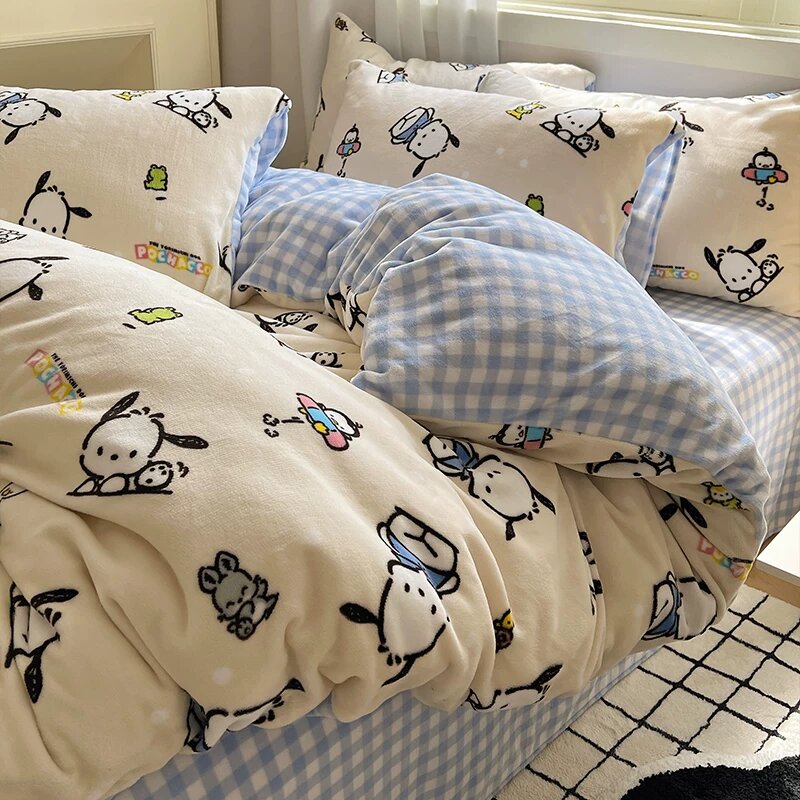 Милый комплект постельного белья Hello Kitty из молочного вельвета, утолщенный, из четырех предметов, с девичьим