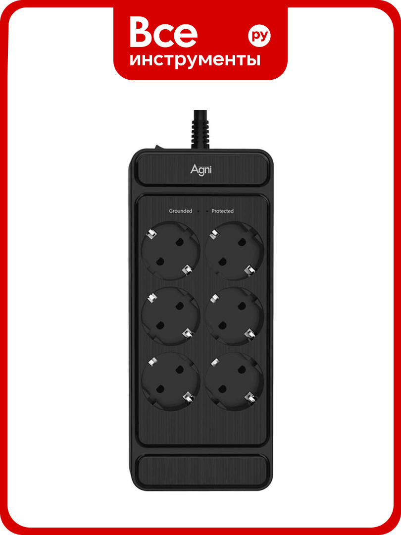 Сетевой фильтр плоский AGNI 6 розеток с кабелем 5м, черный TP-FS6E-5m-black