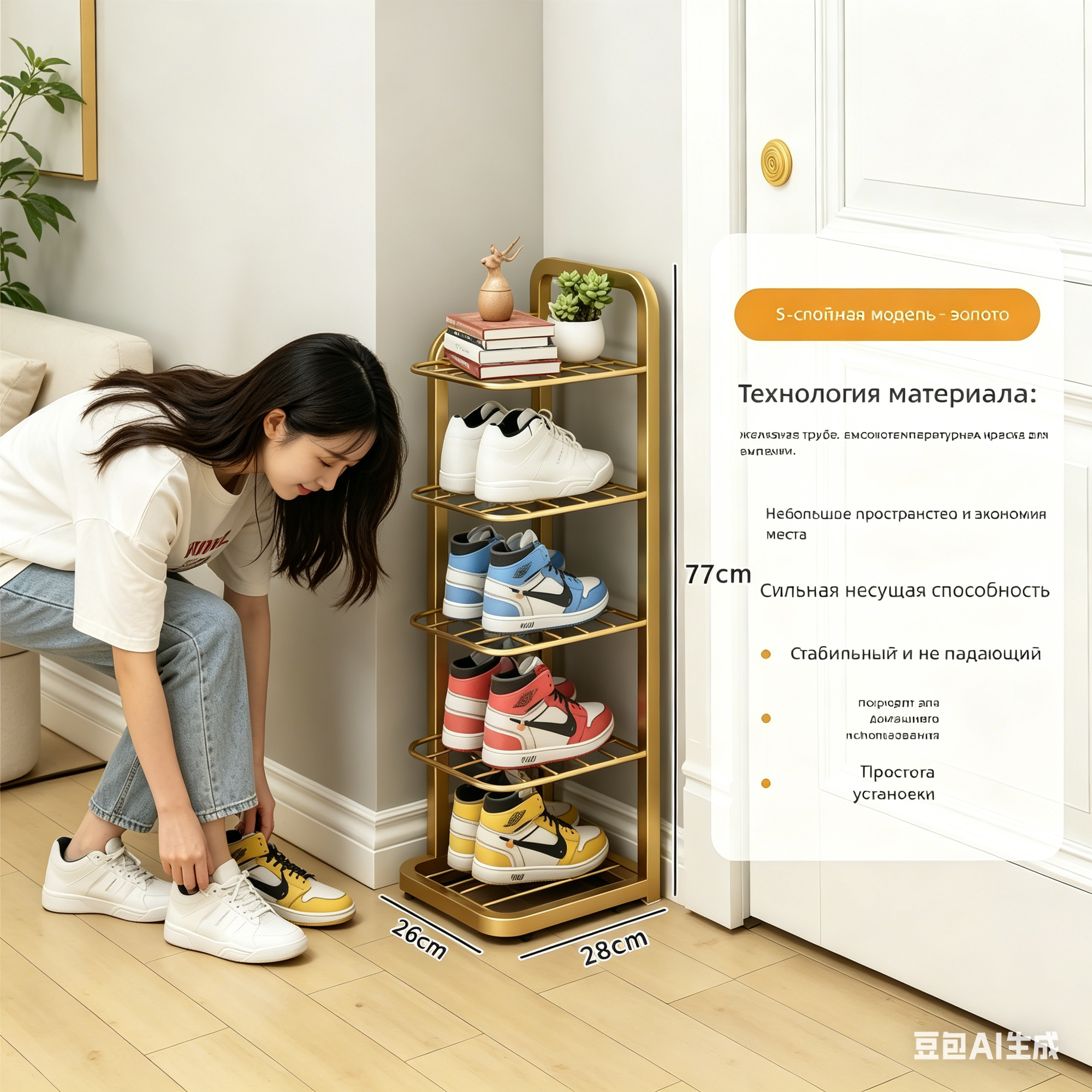 Обувница, Металл, 26х28х77 см，5 слоев，золотой，Металлическая стойка для обуви