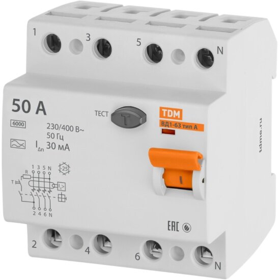 Устройство защитного отключения (УЗО) Tdm Electric ВД1-63 4Р 50А 30мА тип А (SQ0203-0088)
