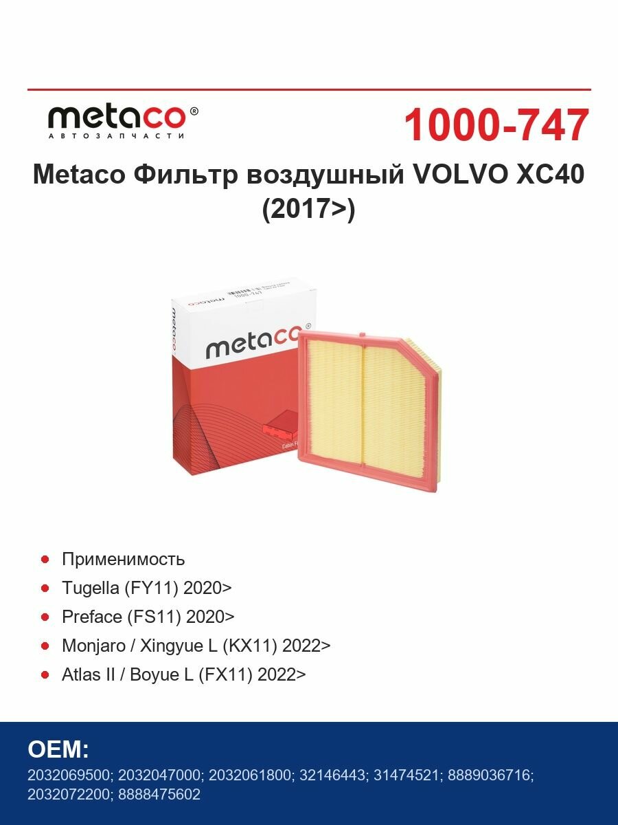 Metaco Фильтр воздушный VOLVO XC40 (2017>)