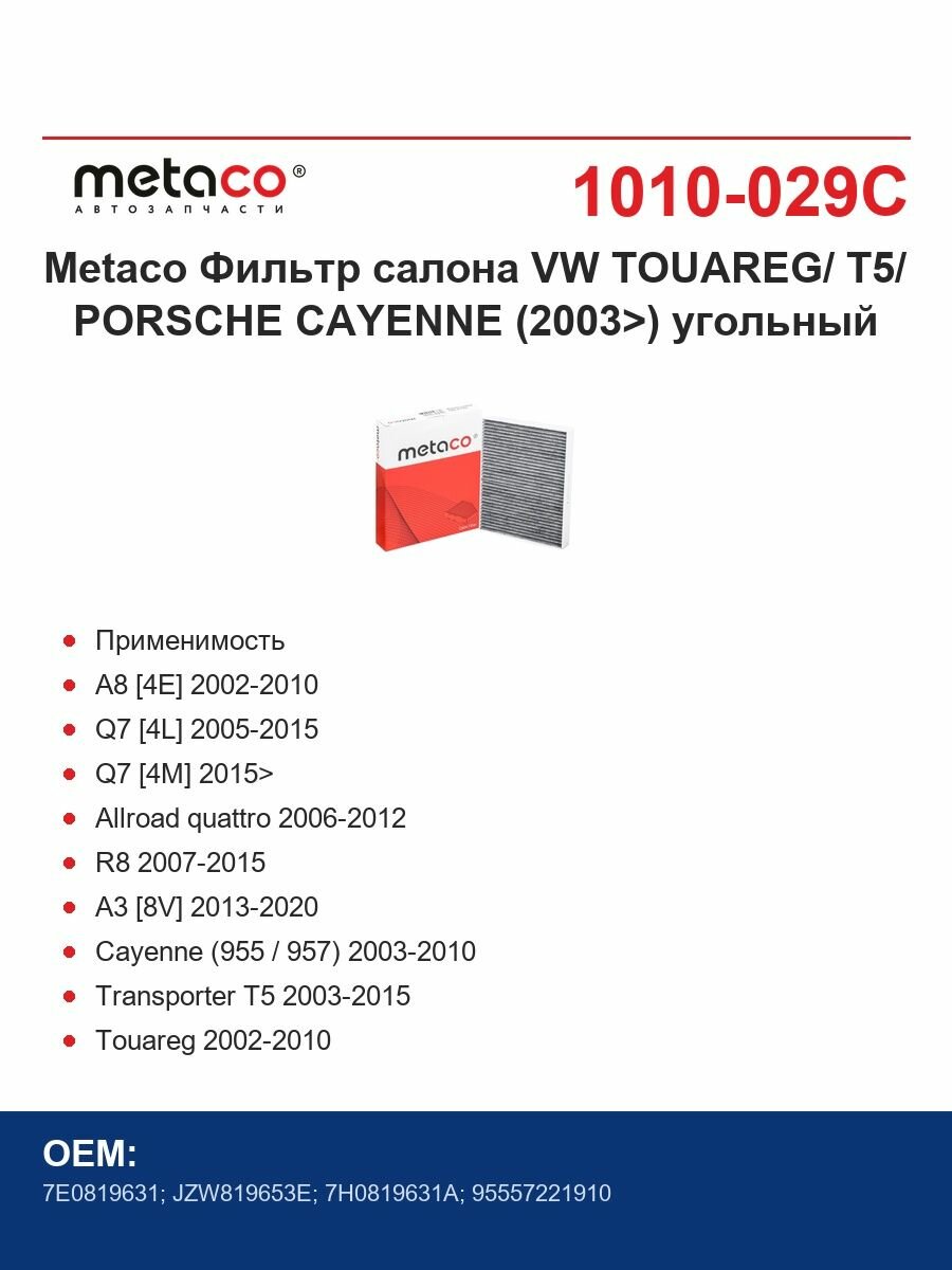 Metaco Фильтр салона VW TOUAREG/ T5/ PORSCHE CAYENNE (2003>) угольный