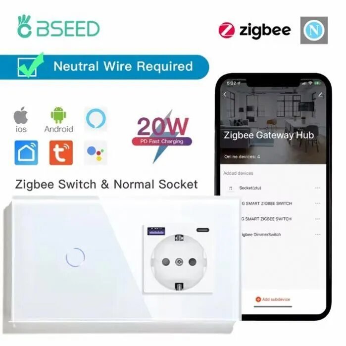 Сенсорный выключатель Zigbee с розеткой с USB и type-C,1/2/3 клавиши 1 розетка, быстрая зарядка 20W, панель стекло