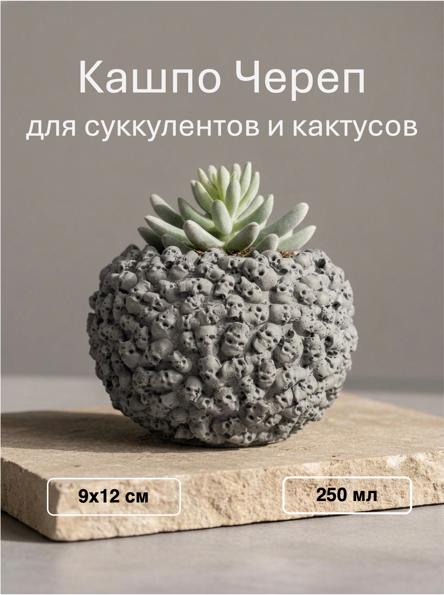 Кашпо Череп для суккулентов и кактусов из бетона, декоративное