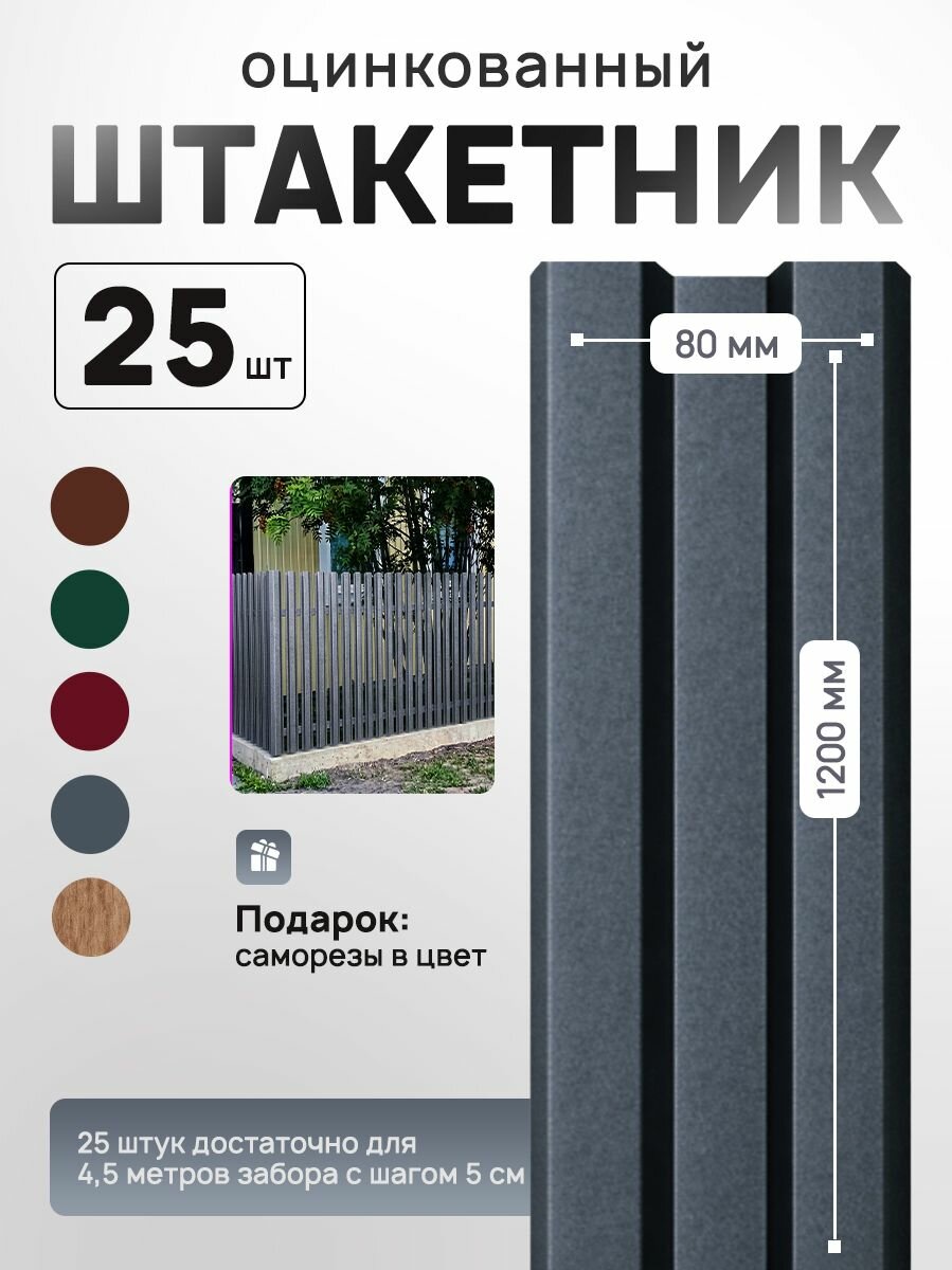 Штакетник полимерным покрытием Высота 1.2 м Цвет: Графит 25 шт.+ саморезы в комплекте