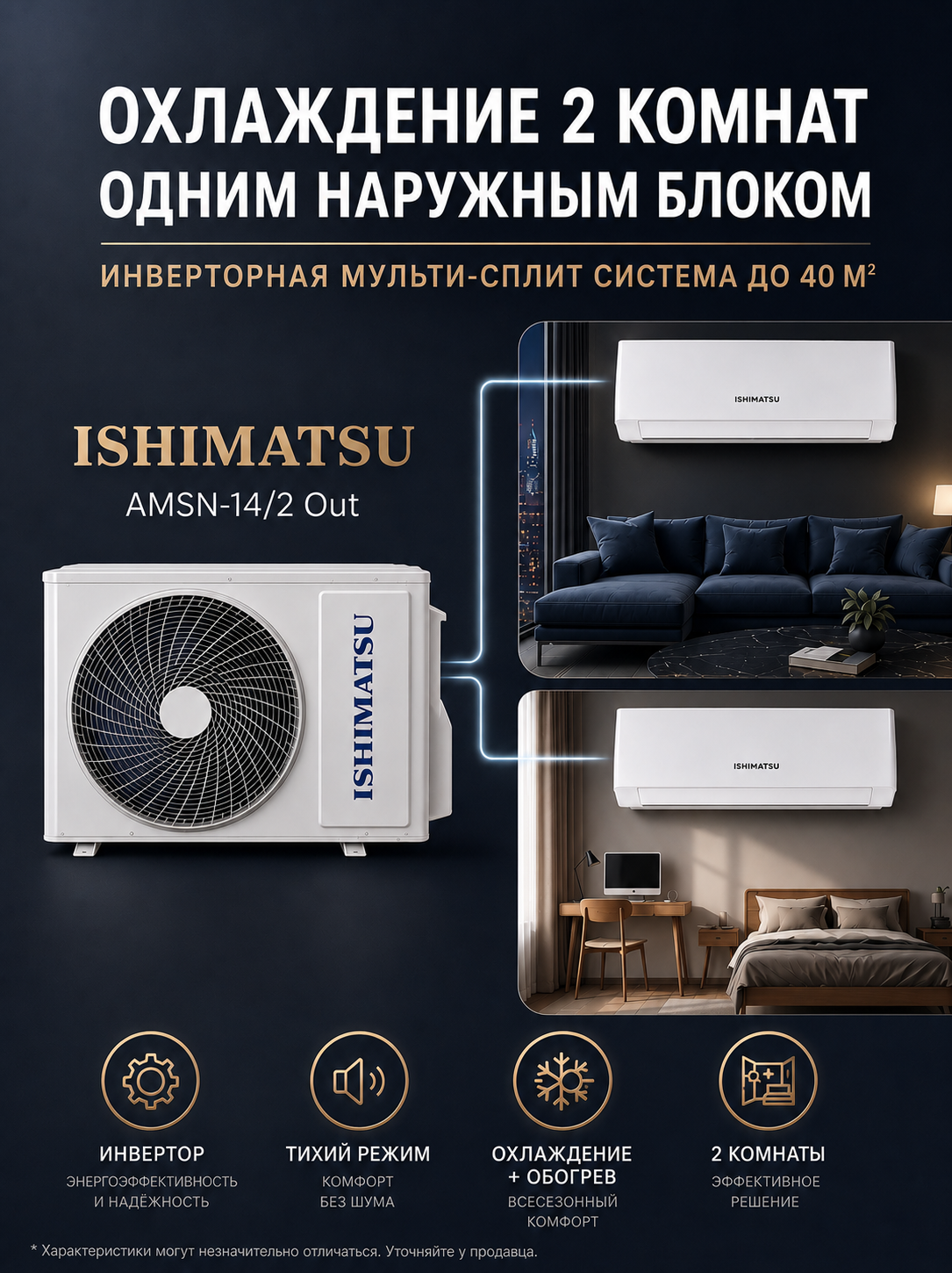 Мульти сплит-система на 2 комнаты ISHIMATSU AMSN-14/2+ISHIMATSU AMS-07 х2 (21 м2 + 21м2)