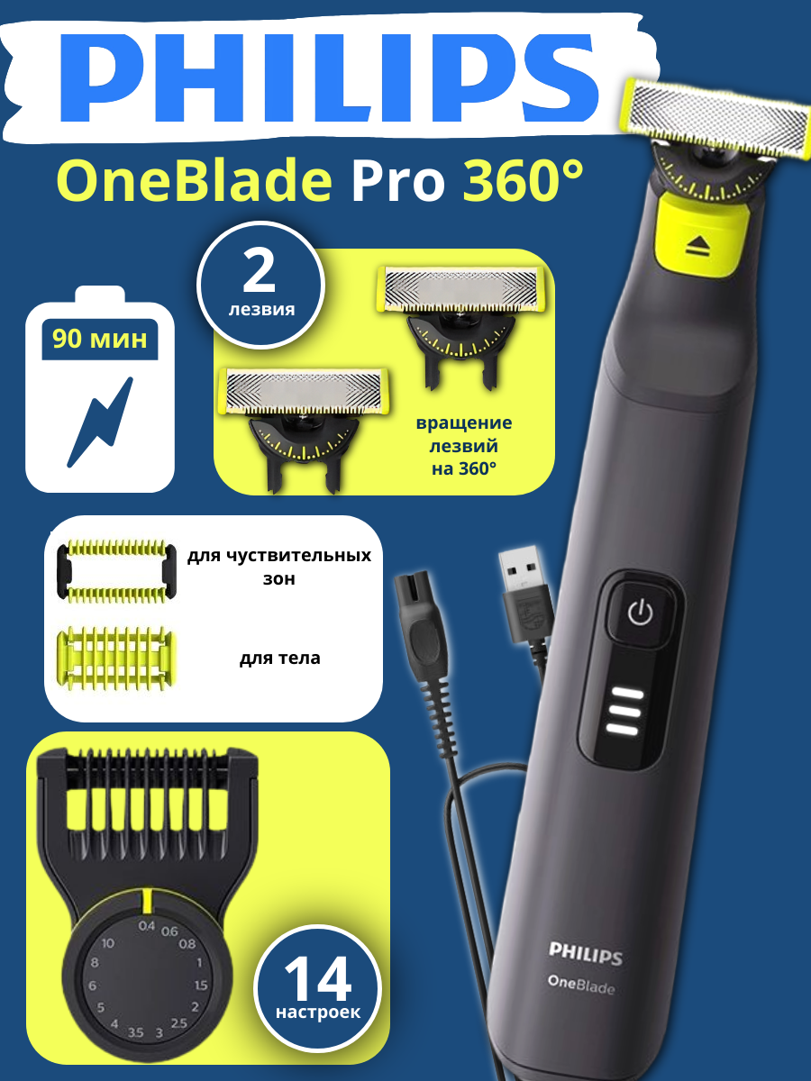 Триммер Philips OneBlade QP6542/15 Pro Face + Body, для лица, тела, бороды и усов