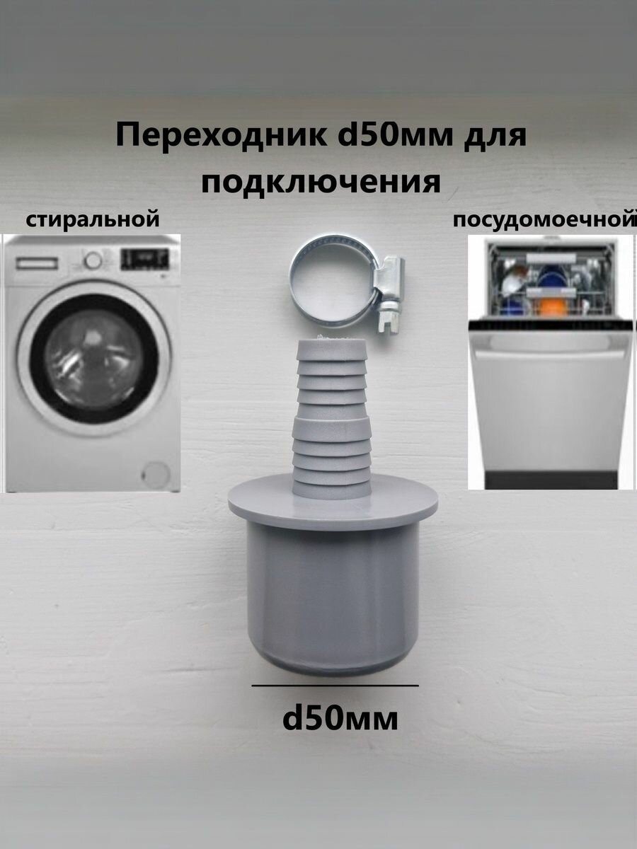 Переходник для подключения сливного шланга d50х20/23мм прямой серый + хомут переходник для сливного шланга соединитель d50 шланг для слива