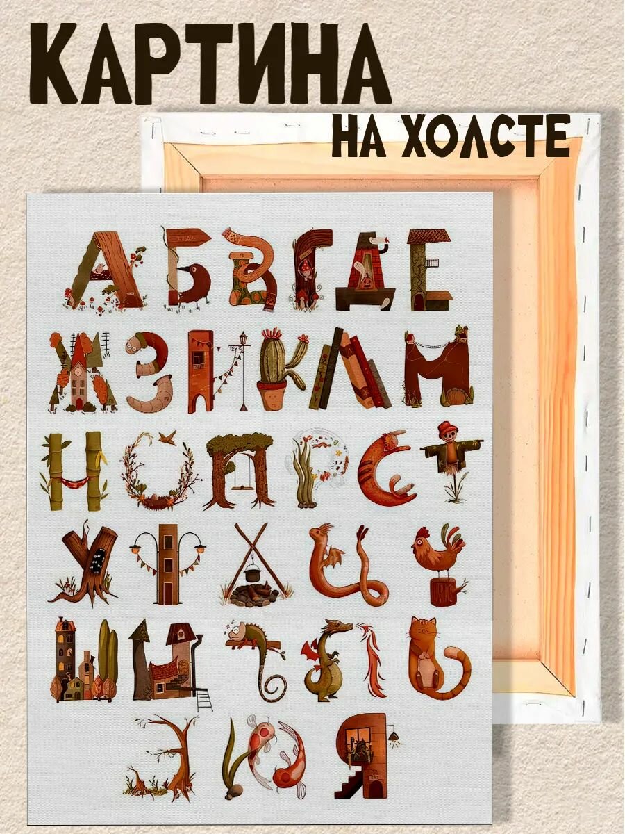 Картина на стену в детскую комнату Алфавит, на подрамнике, 1шт, 38х25 размер.