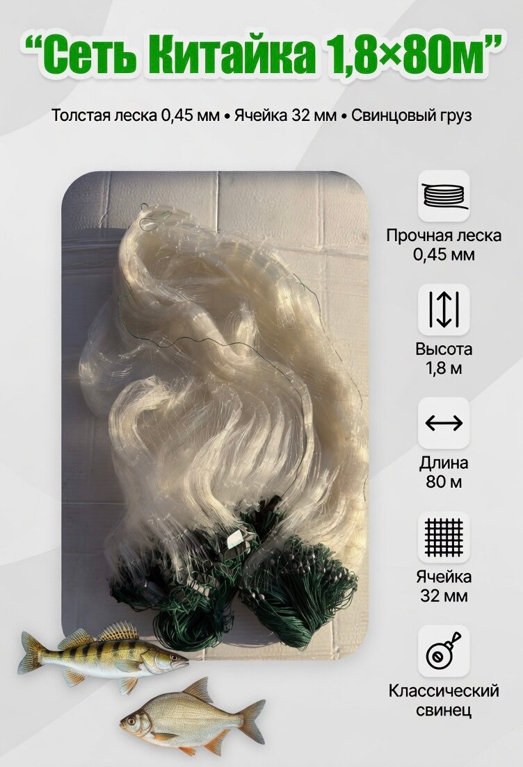 Сеть «китайка» из прочной, толстой лески. Ячейка 32мм длина 80м высота 1,8м