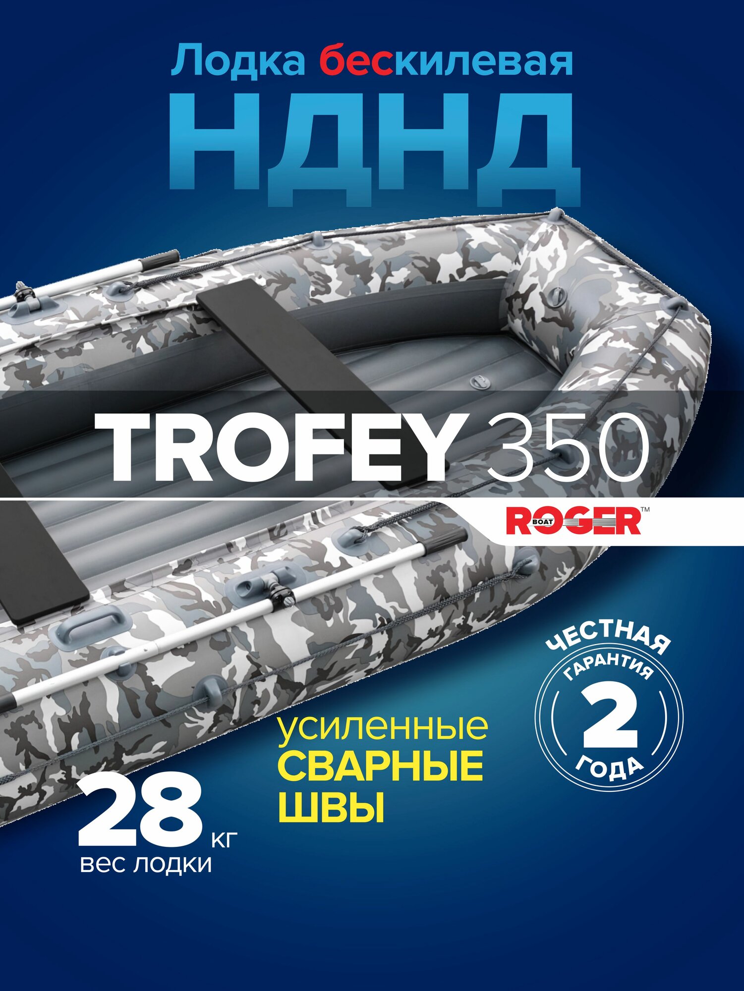 Лодка ПВХ под мотор НДНД ROGER Trofey 350, лодка надувная для рыбалки роджер (серый камуфляж графит)
