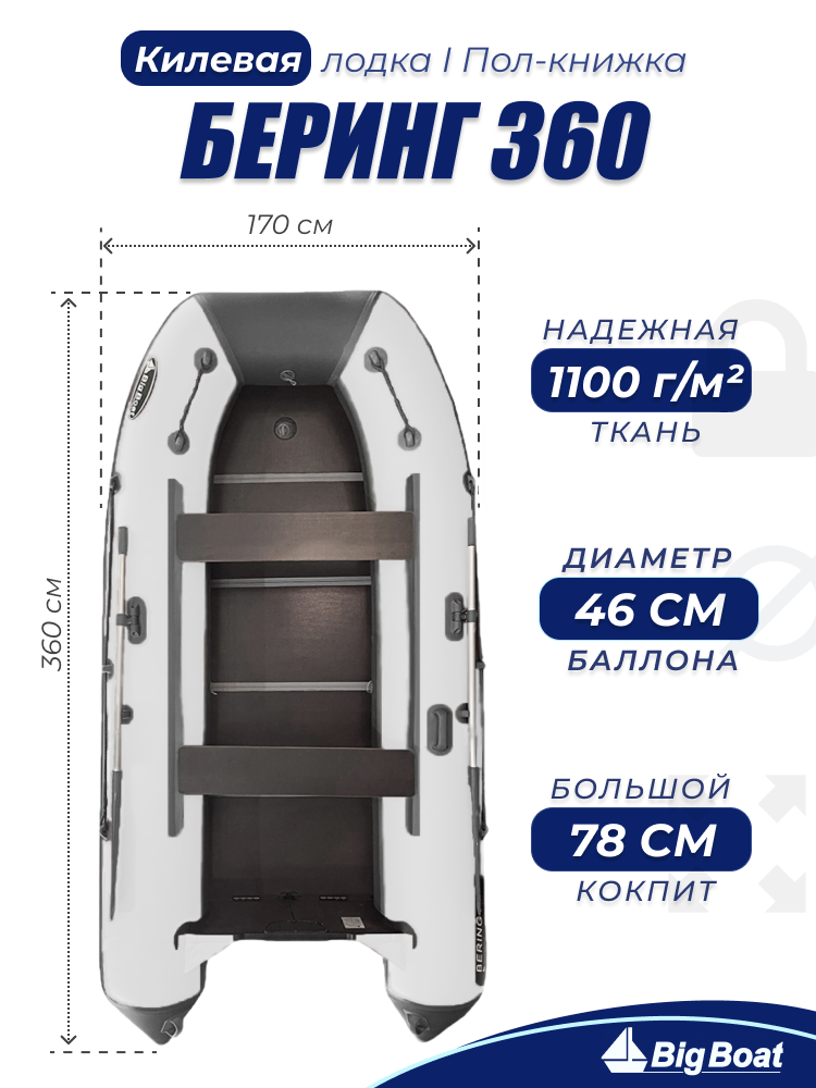 Надувная, под мотор, килевая лодка из ПВХ для рыбалки Bering (Беринг) 360К пол-книжка