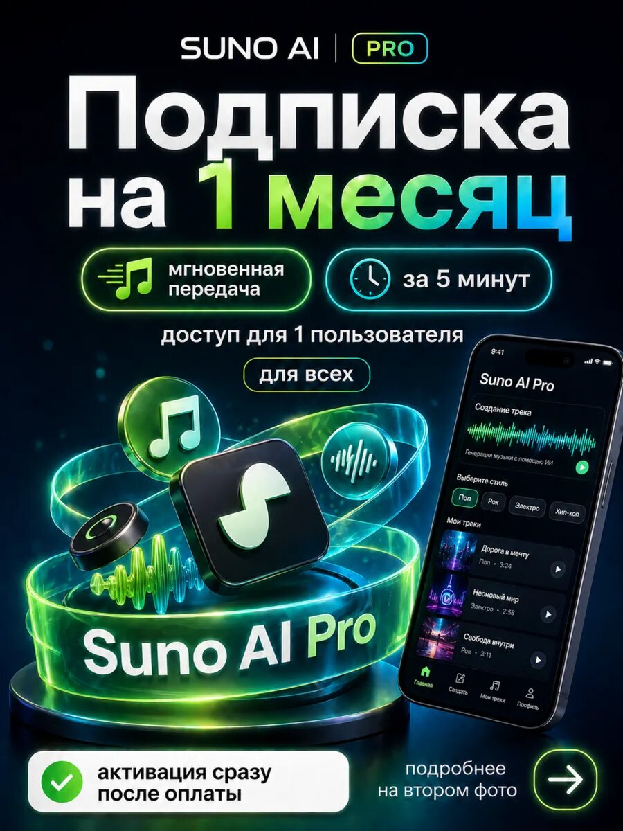 Подпиской Suno AI PRO, 1 месяц, нейросеть, создание музыки, с вокалом, для любого жанра