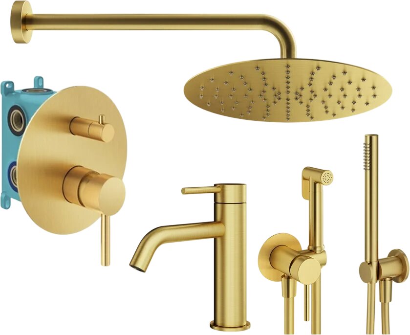 Комплект для ванной Plumberia Selection Ixo KITZXO18OB53 6 в 1, встраиваемый, с внутренней частью в комплекте, со смесителем, с тропическим душем, латунный, золотой, душевая система