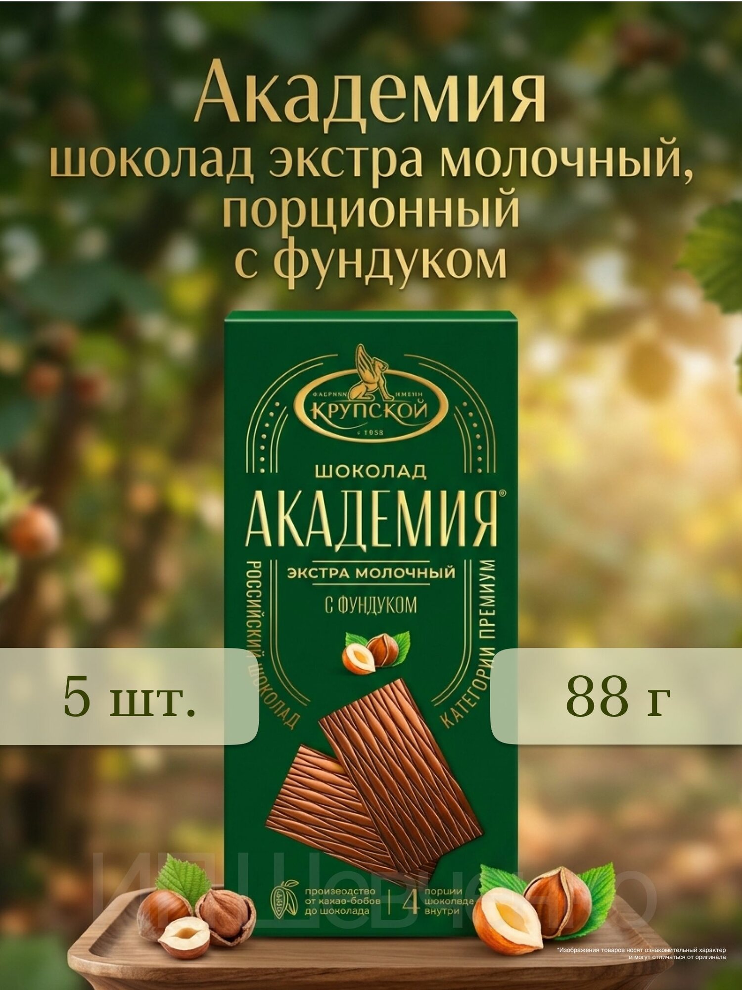 Шоколад "Академия" экстра молочный с фундуком, порционный 88 г х 5 шт.