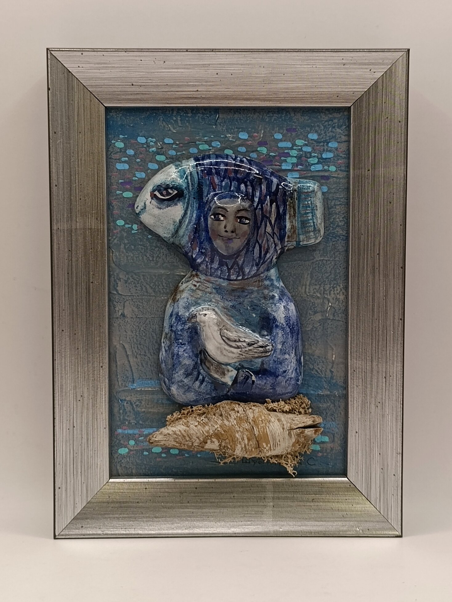 Панно с элементами керамики "Дух-реки", автор С. Шубникова, голубой, 18х13 см.