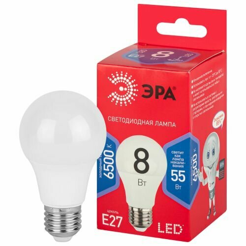 Лампа светодиодная RED LINE LED A60-8W-865-E27 R 8Вт A60 груша 6500К холод. бел. E27 Эра Б0045323
