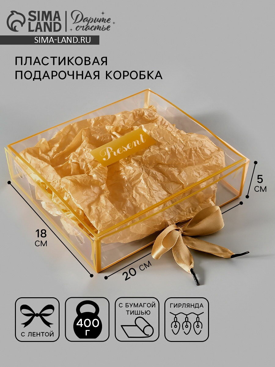 Коробка подарочная пластиковая с тишью и гирляндой Present, 20x18x5 см