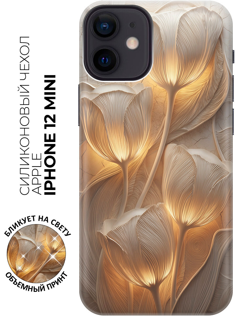 Силиконовый чехол на Apple iPhone 12 Mini с принтом "Тюльпаны на бежевой стене"