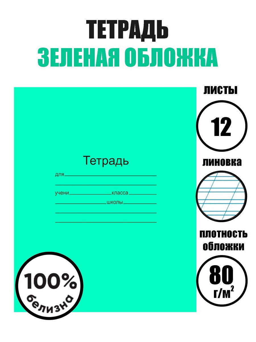 Тетрадь 12 листов в косую линейку "Зелёная обложка", плотность 60 г/?2, 200 шт.