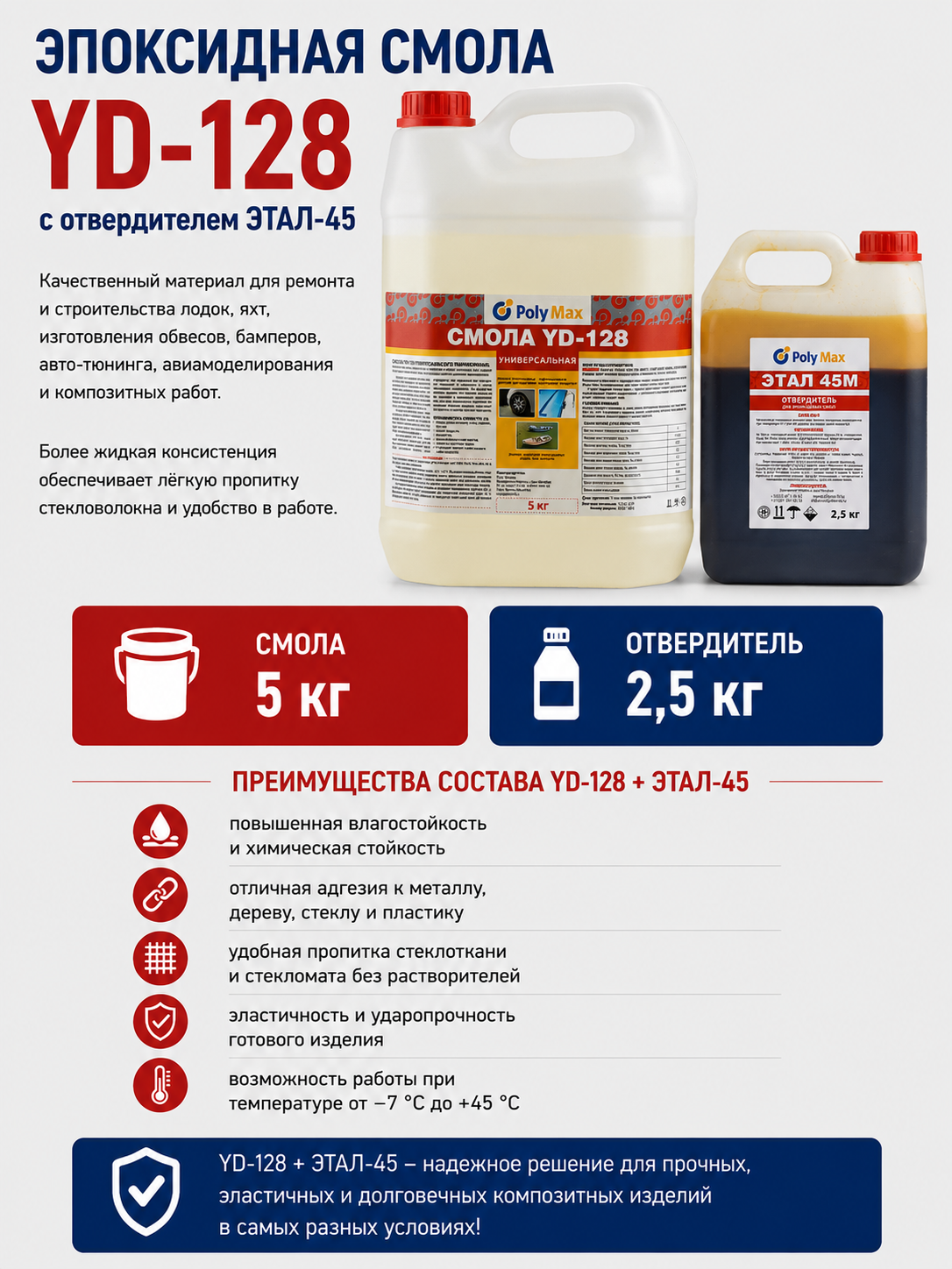 Эпоксидная смола YD-128 (5 кг) с отвердителем этал 45 (2,5 кг)