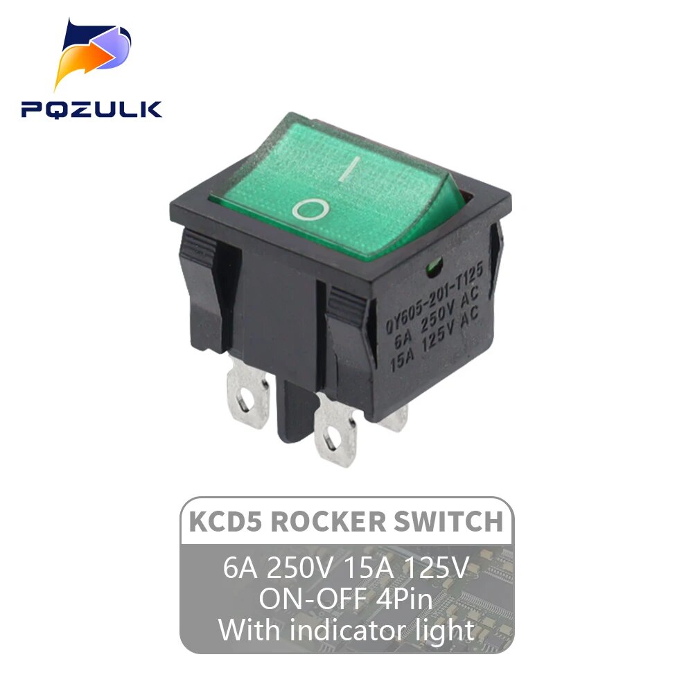 PQZULK KCD5 Рокерный переключатель, 4Pin, зеленый индикатор, 1PCS