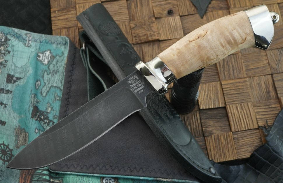 Нож ззосс Н29, дамаск У10А/7ХНМ, рукоять никель/карельская береза