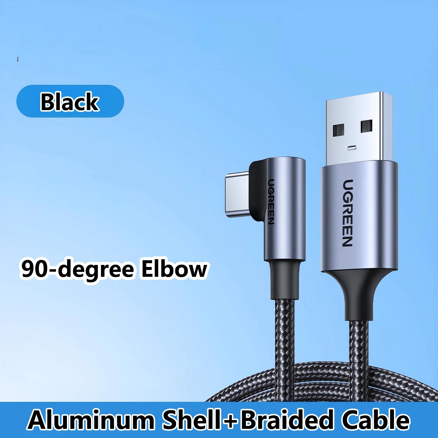 Ugreen USB A to Type C Кабель 0,25 м 0,5 м 1 м 2 м 3 м Плетеный для Apple 3 м, 90 degree Black