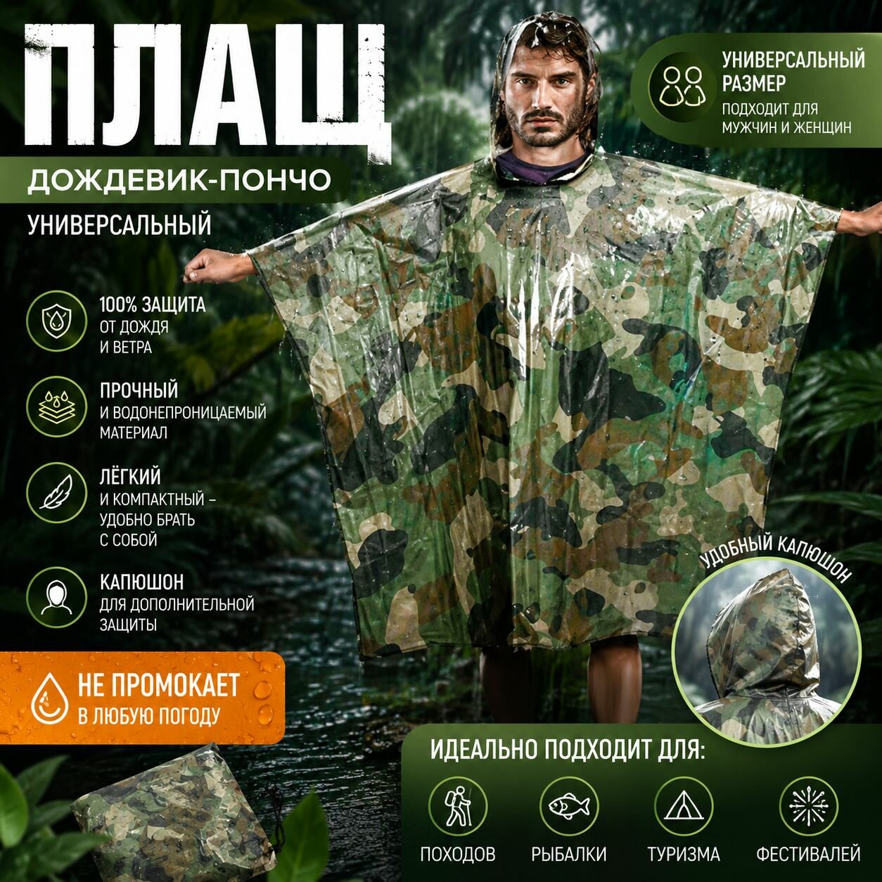 Спасательный непромокаемый пончо-плащ HB-H, с термоодеялом, цвет хаки
